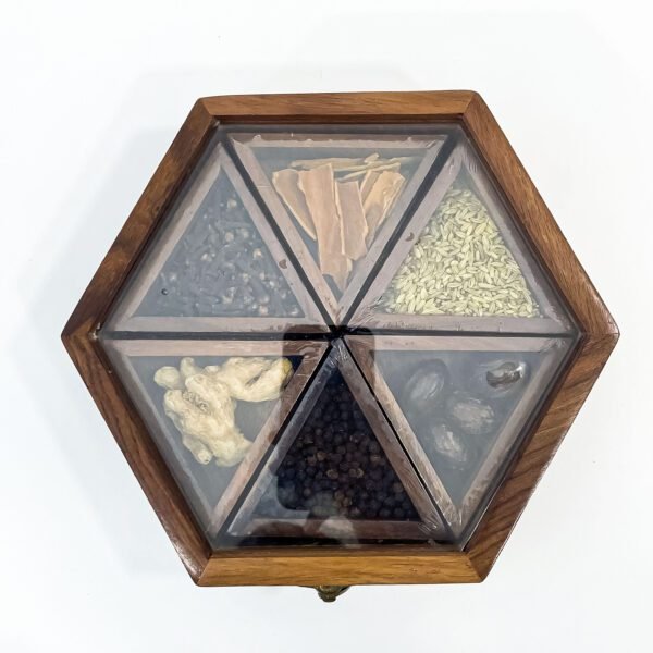 Buy Hexagon Wooden Spice Box With 6 Chambers – Angroos