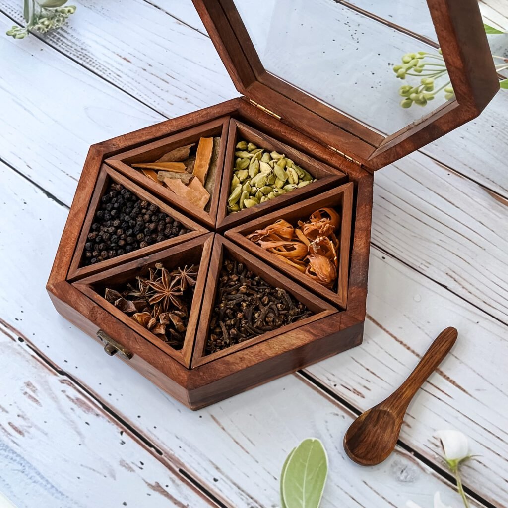 Handcrafted Hexagonal Wooden Spice Box - Kerala Handicraft