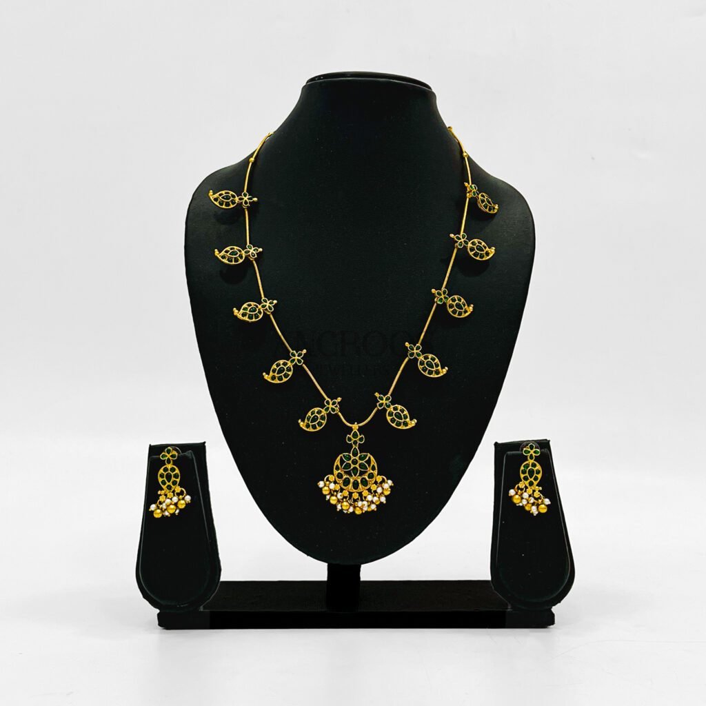 Green Stone Haram Necklace Set – 22 Inch Traditional Jewelry