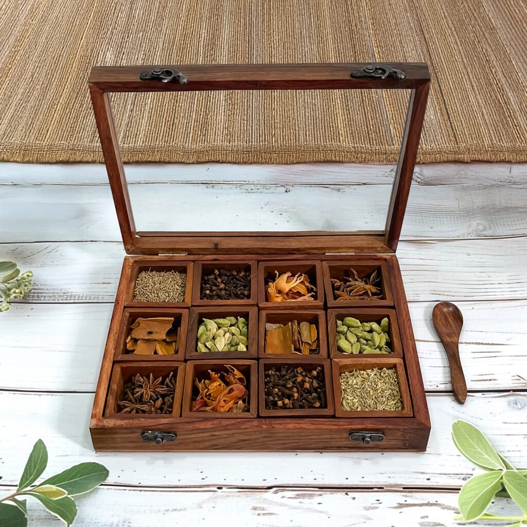 Luxury 12-Compartment Wooden Spice Box With Glass Lid