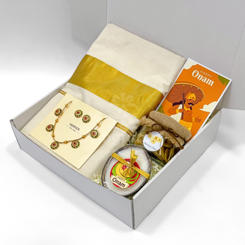 Buy Onam Saree Gift Box With Jewelry & Snacks